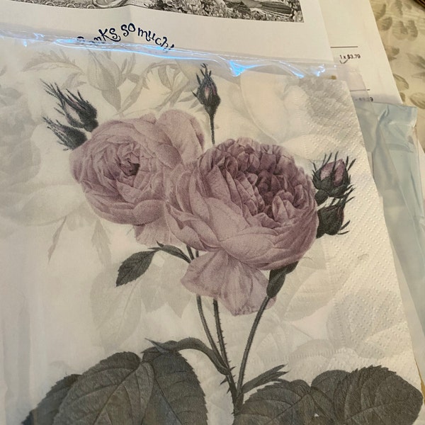 3 Decoupage Napkins, Sagen Vintage Pale Purple Roses Blooms 13" X 13 ...