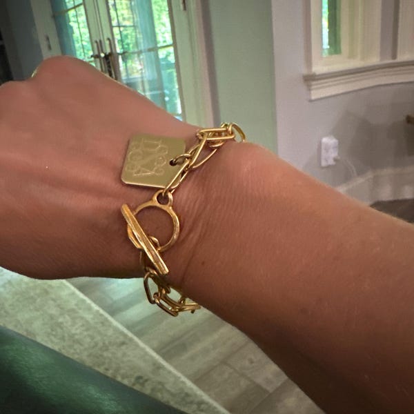 Bracelet, Paperclip Chain, Gold, Square Disc, Toggle, Personalized ...