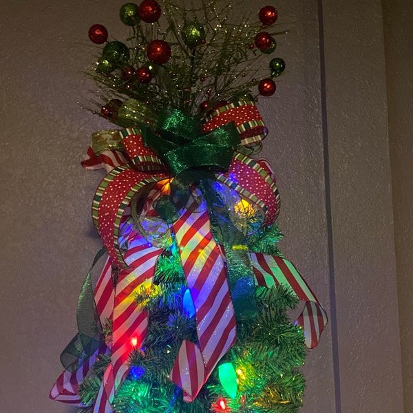 Whimsical Tree Topper, Red and Green Tree Topper, Christmas Tree Bow ...