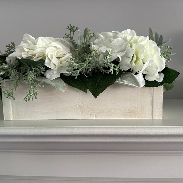 Farmhouse Style Long Spring Hydrangea Arrangement in Wood Planter Box ...