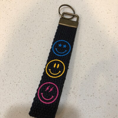 Smiley Face Keychain Wristlet on Black Material / Key Fob/ Smiley Face ...