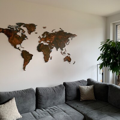 Metal World Map. Patinated Copper Wall Art. Large Copper Map. World Map ...