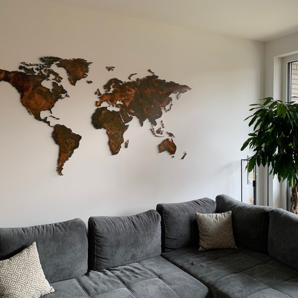 Metal World Map. Patinated Copper Wall Art. Large Copper Map. World Map ...