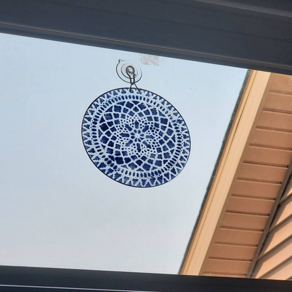 Cobalt Blue Suncatcher, Fused Glass, Lace Window Hanging, Doily, Blue ...