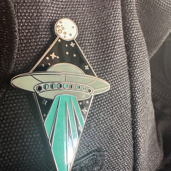 GLOW in the DARK UFO Pin, Moon Pin, Space Pin, Flying Saucer Pin, Glow ...