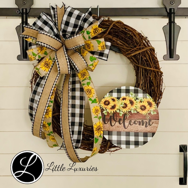 Round Buffalo Plaid Sunflower Welcome Sign, Wreath Sign, Wreath ...