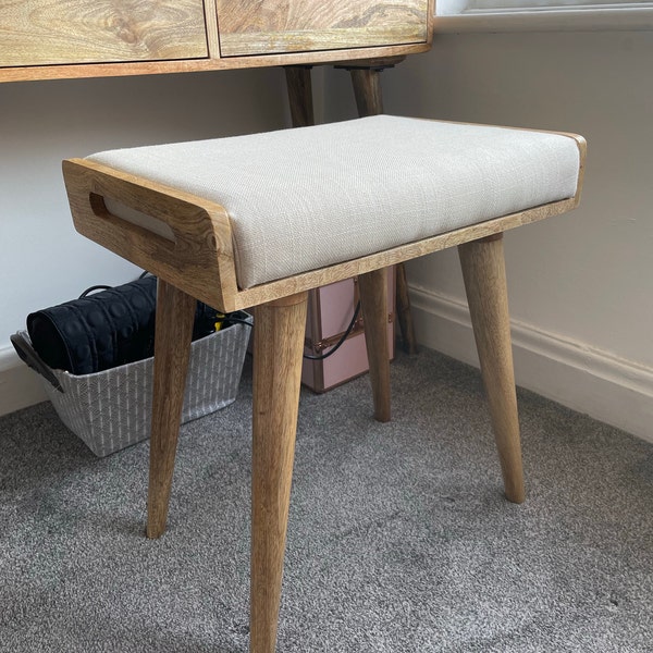 Small Grey Tweed Tray Style Stool in Light Mango Wood | Scandi Style ...