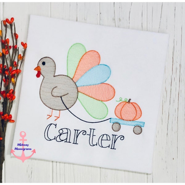 Thanksgiving Boy Turkey Pulling Pumpkin on Wagon Sketch Fill, Light ...