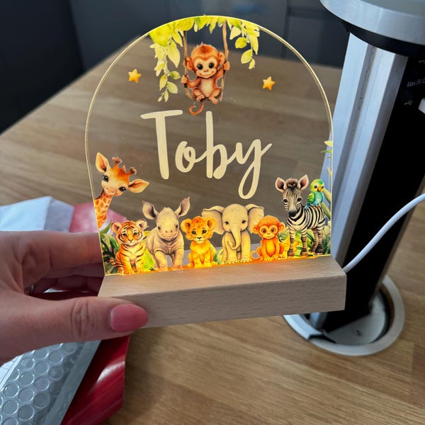 Personalised LED Animal Lamp, Kids Night Light Gift, Safari Jungle ...