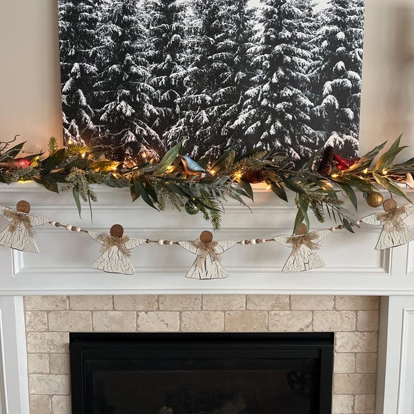 Angel Wooden Garland Buntings With Beads, Farmhouse Christmas Decor ...