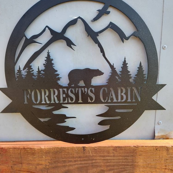 Bear Personalized Metal Sign, Bear in Woods Cabin Sign, Family Name ...