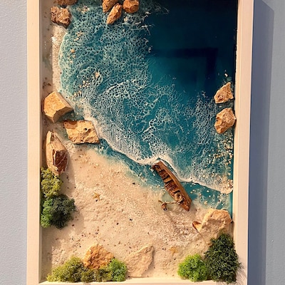 Rectangle Framed Coastal Resin Art, Seaside Epoxy Resin Wall Decor ...