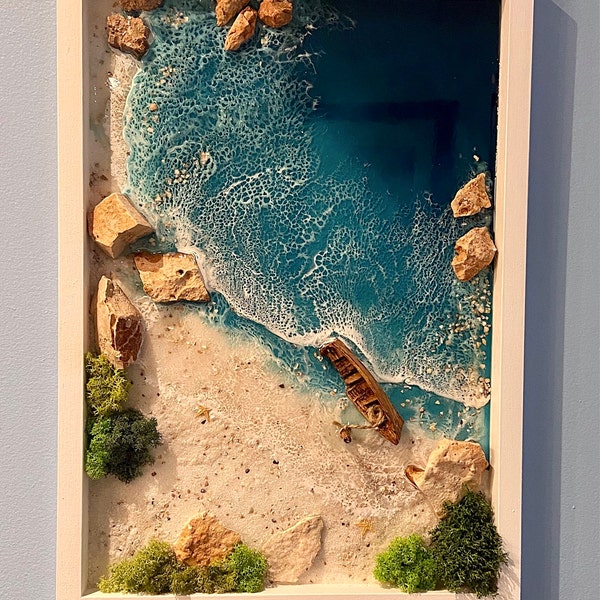 Rectangle Framed Coastal Resin Art, Seaside Epoxy Resin Wall Decor ...