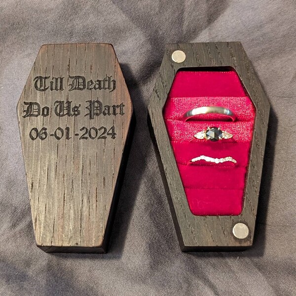 Engraved Coffin Ring Box: Unique Raven on Skull Design for Weddings. Jewellery Box Men Coffin ...