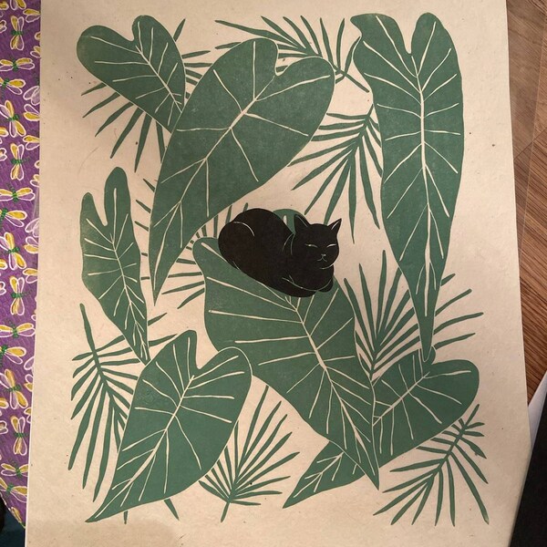 Handmade Linocut Lazy Cat Print (unframed), 2 Color Original Print in ...