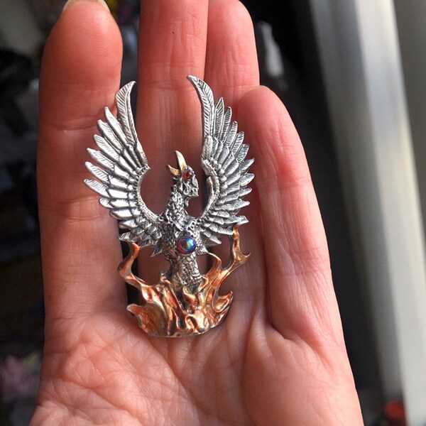 Pewter PHOENIX Rising From Flames With Red Crystal Accents - Etsy