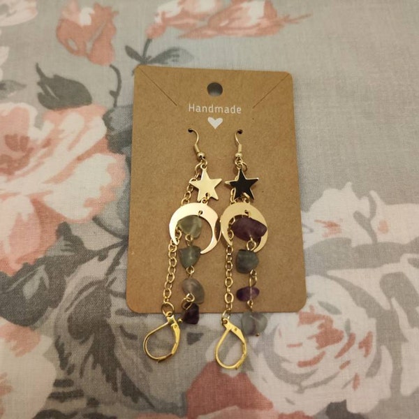 Moon and Stars Chain Linked Double Hoop Earrings, Silver Star Chain ...