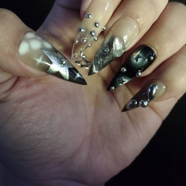 3D Metallic Silver on Black Long Stiletto Press on Nails Goth , Silver ...