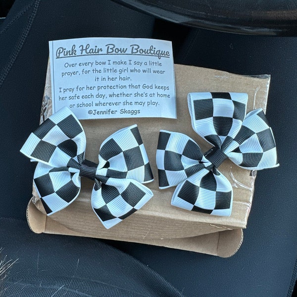 Racing Checker Flag Black and White Pigtail Hair Bow , Set of 2 ...