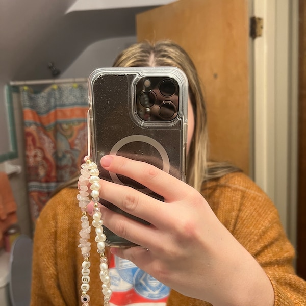 Rose Quartz Gemstone Phone Strap, Healing Crystals Phone Chain, Pearl ...