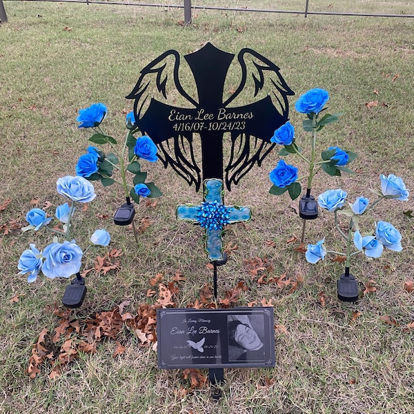 Custom Memorial Cross With Wings Metal Stake, Memorial Garden Decor ...