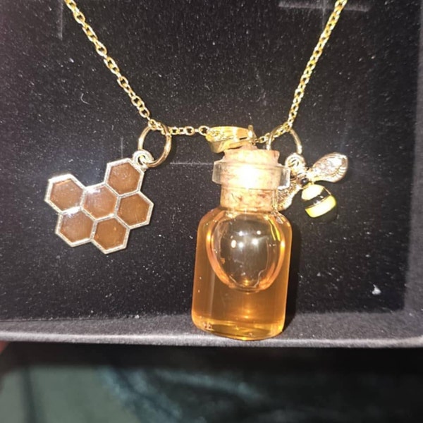 Honey Jar Pendant Necklace Gold Bee and Honeycomb 100% Pure Honey Charm ...