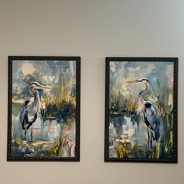 Blue Heron Marsh Paintings, Abstract Bird Painting, Bird Oil Painting ...