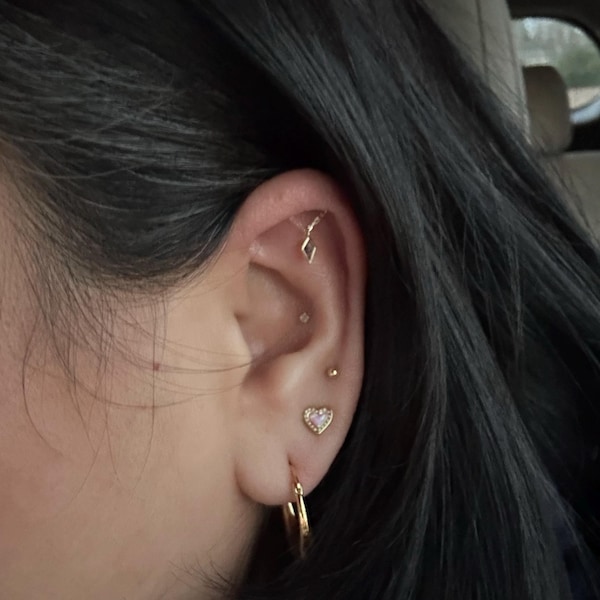 14K Solid Gold Dangle Triple Chain Moss Agate Cartilage Earring Helix ...