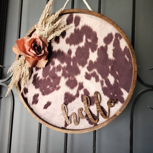 18” Cow Hello Sign / Faux Cowhide Sign / Cow Decor / Rustic Western ...