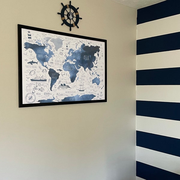 Navy Blue Map for Kids, Nautical Nursery Art, Printable World Map, Boys ...