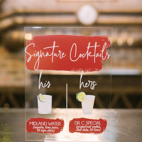 Bar Menu Signature Cocktails Custom Clear Glass Look Acrylic Wedding ...