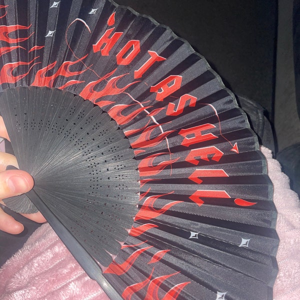 Hot as Hell Funky Fan - Red and Black Flame Text Bamboo Foldable Hand ...