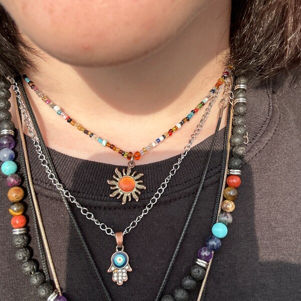 Gold Sun Pendant Choker,sun Necklace,beaded Choker,beaded Necklace ...