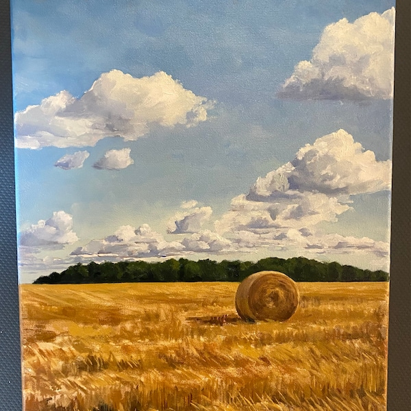 Landscape Painting, Billowing Clouds, Original Oil Painting, Farmland ...