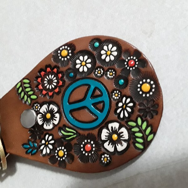 Peace Sign Floral Leather Key Ring - Hand Painted and Hand Stamped ...