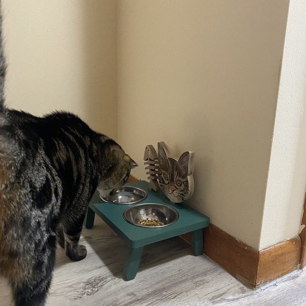 Wooden Raised Black Cat Food Stand Comes With Two Bowels., Specially ...