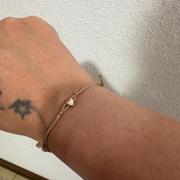 Diamond Heart String Bracelet, 14K Solid Gold Silk Bracelet, Lucky Cord ...