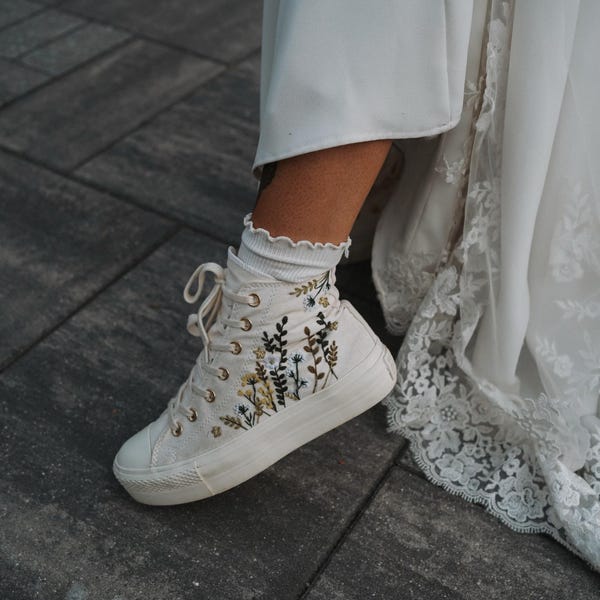 Platform Converse for Wedding, Burgundy Flower Embroidered Shoes, Fall ...