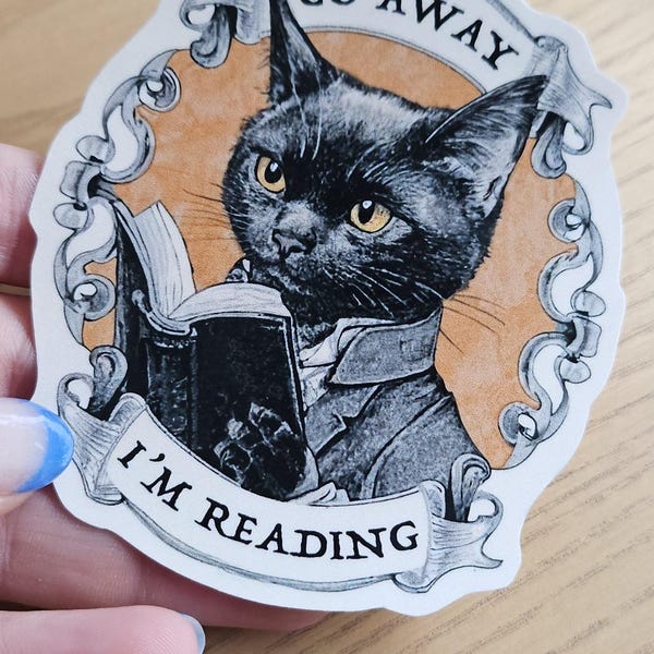 Reading Cat Sticker, Kindle Sticker, Book Cat Sticker, Black Cat ...