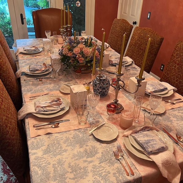 Light Blue Toile Tablecloth Table Cover Linen Toile Table Cloth ...
