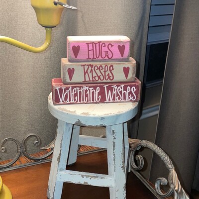 Hand Painted Distressed Hugs Kisses Valentine Wishes Tiered Tray Shelf ...