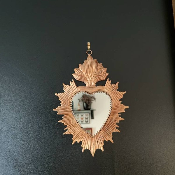 Sacred Heart Mirror, Gold Heart Sunburst Flame, Catholic Heart, Wall ...