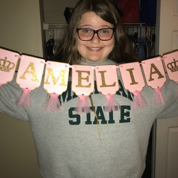Girls Name Banner With Crowns, Embossed Pink and Gold Banner With Tulle ...