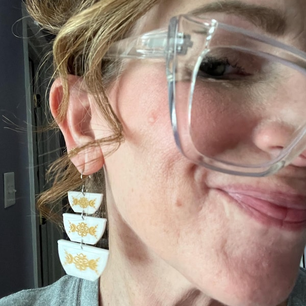 Pyrex Butterfly Gold Stacking Bowl Acrylic Earrings in White & Mustard ...