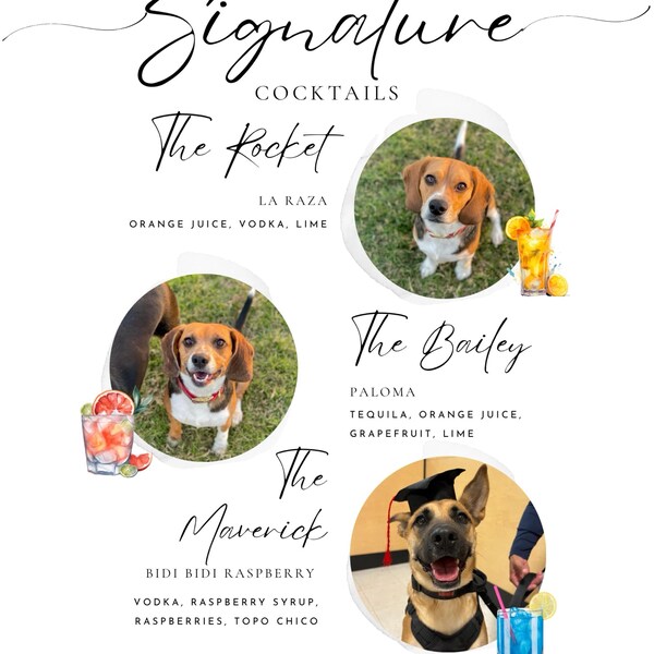Signature Drink Sign With Dog, Bar Menu Template With Watercolor Drinks ...