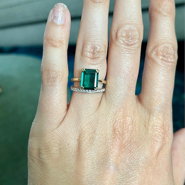 Emerald Cut Lab Created Emerald Solitaire Ring Yellow Gold Minimalist ...