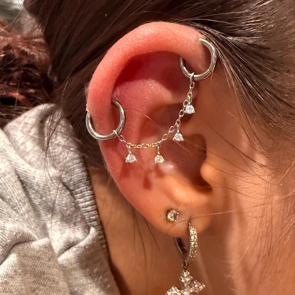 Dainty Industrial Barbell CZ Chain (only) for Piercing, Gold Sterling ...