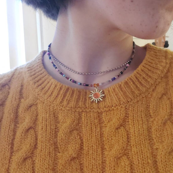 Gold Sun Pendant Choker,sun Necklace,beaded Choker,beaded Necklace ...