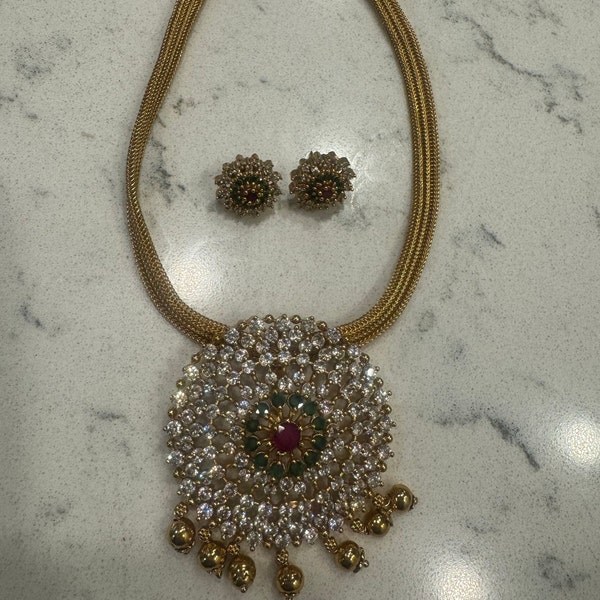 Traditional Mango Long Haram With Red Stone and Earrings/ South ...