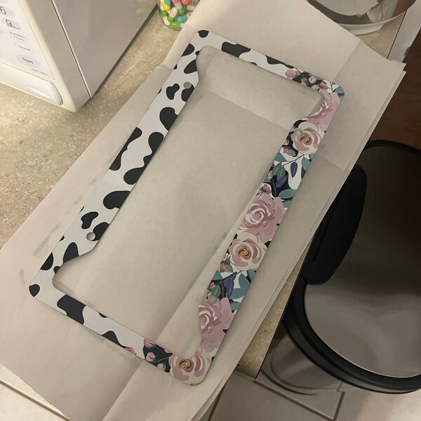 Black Cow Print Pink Floral Personalized License Plate and Accessories ...